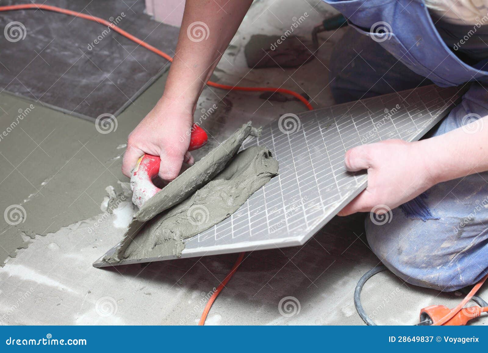 Construction Worker is Tiling at Home Tile Floor Adhesive Stock Image ...