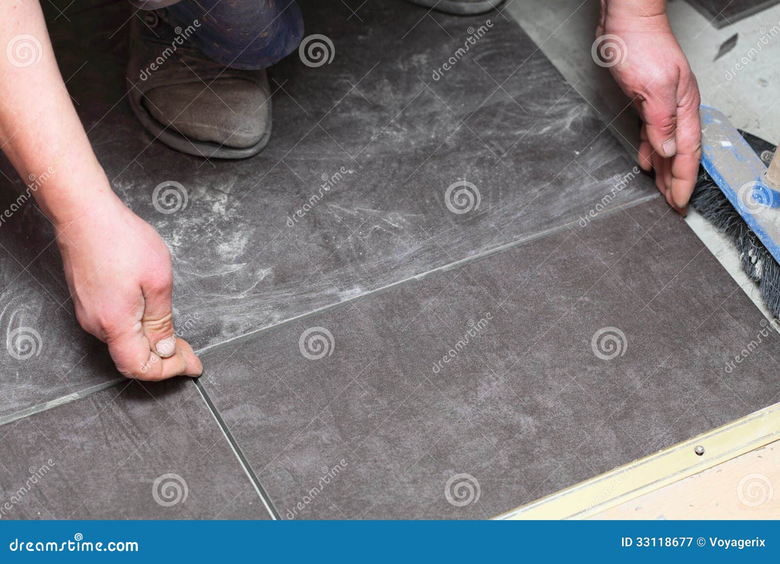 Construction Worker is Tiling at Home Tile Floor Adhesive Stock Image ...