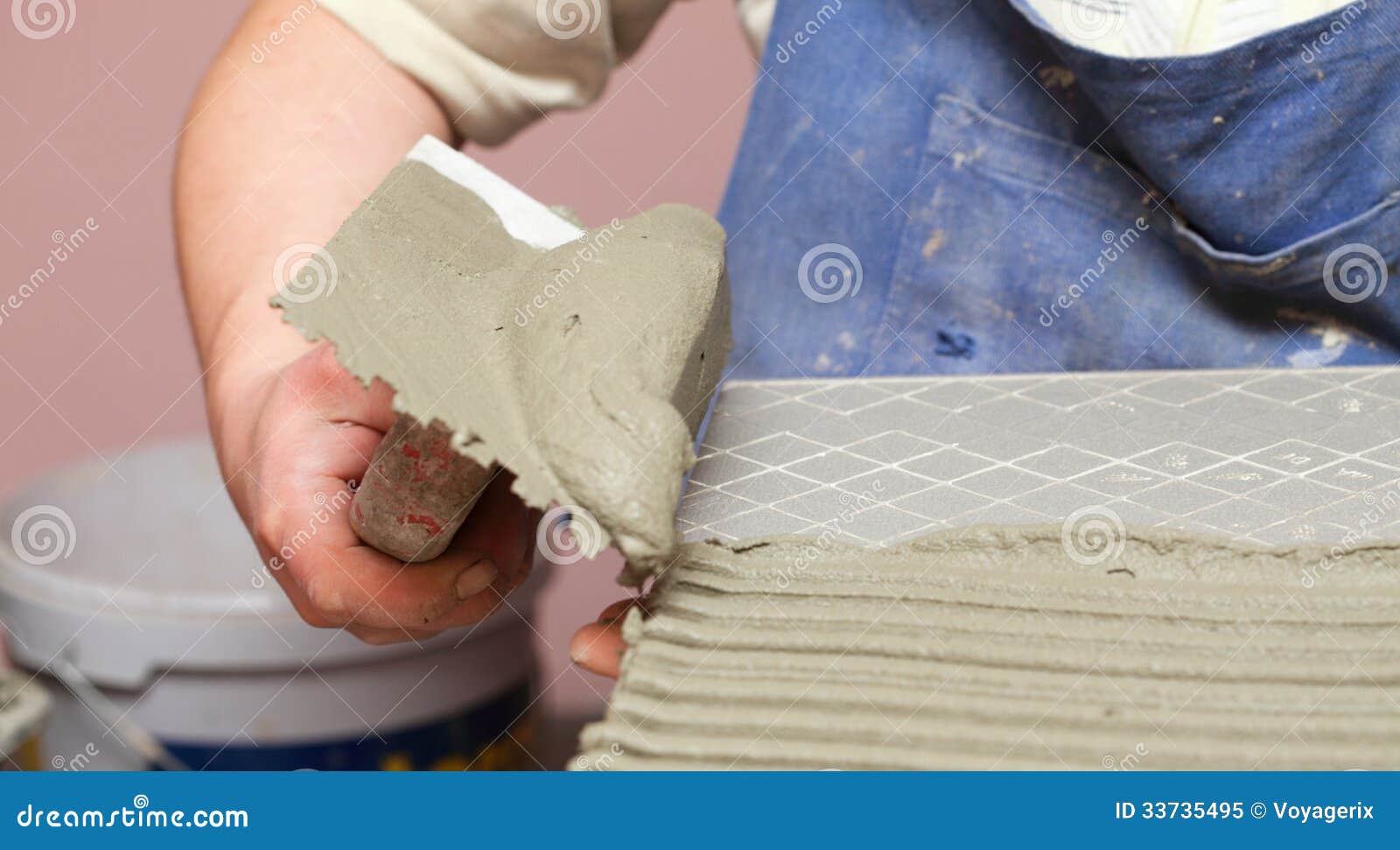 Construction Worker is Tiling at Home Tile Floor Adhesive Stock Image ...