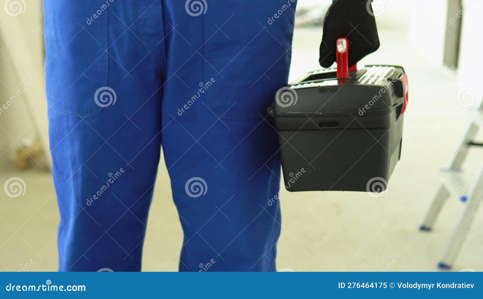 Construction Worker with Toolbox and Aluminum Ladder on Background at ...