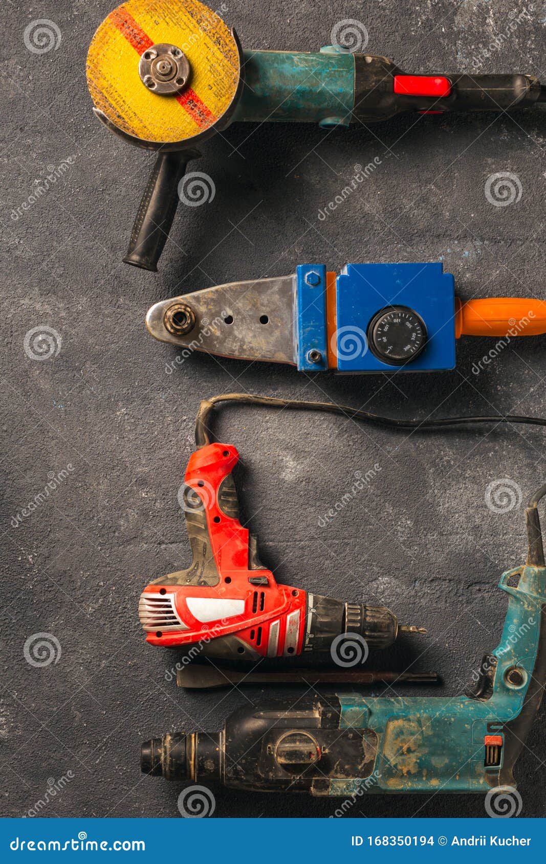 Construction Worker Tools on Dark Background Top View Stock Photo ...