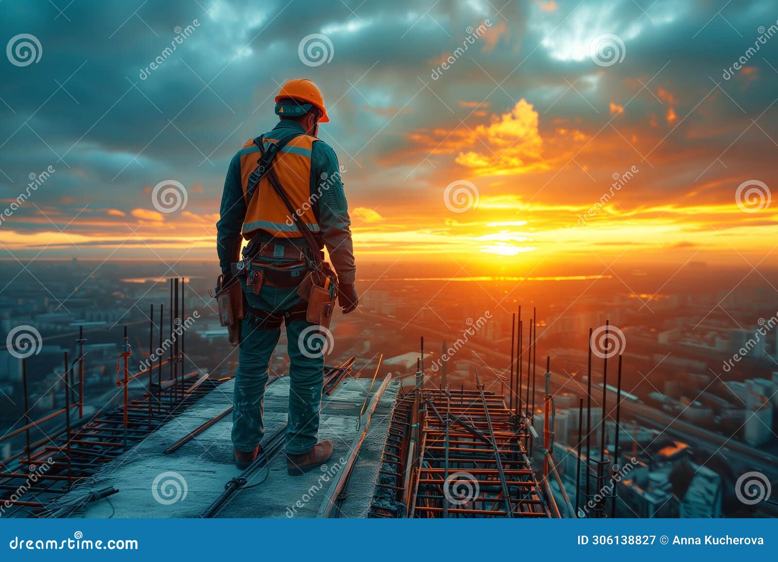Construction Worker on Top of a Skyscraper Overlooking City Panorama at ...