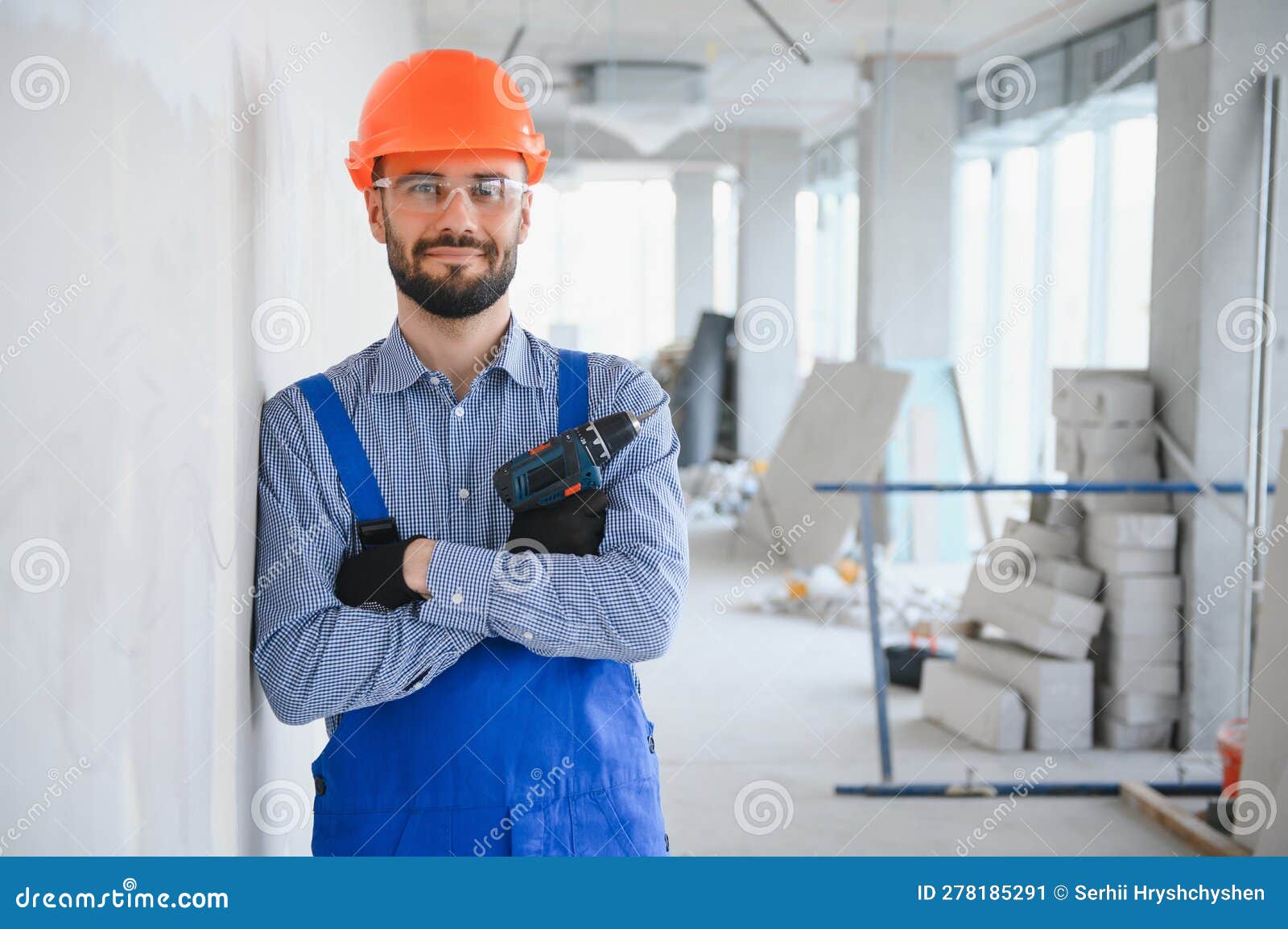 Construction Worker Use a Drill Bit Stock Image - Image of interior ...