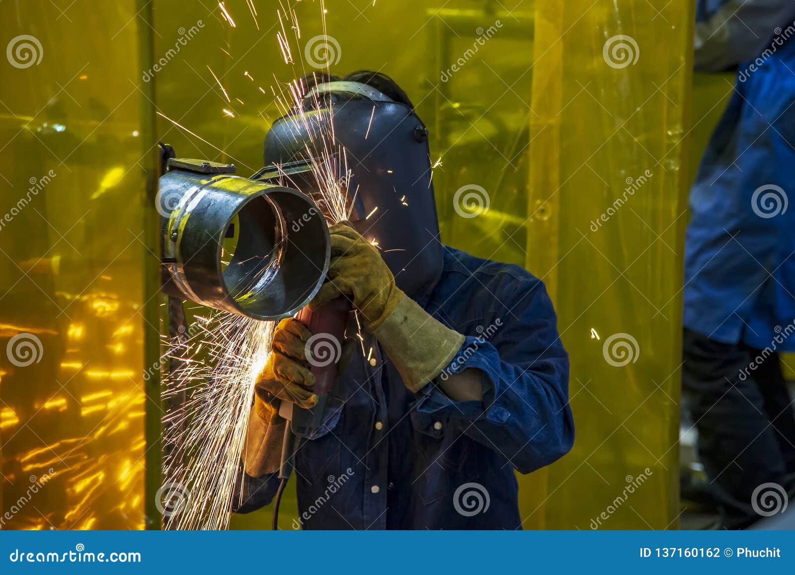 The Construction Worker Use Hand Grinder . Stock Photo - Image of flame ...