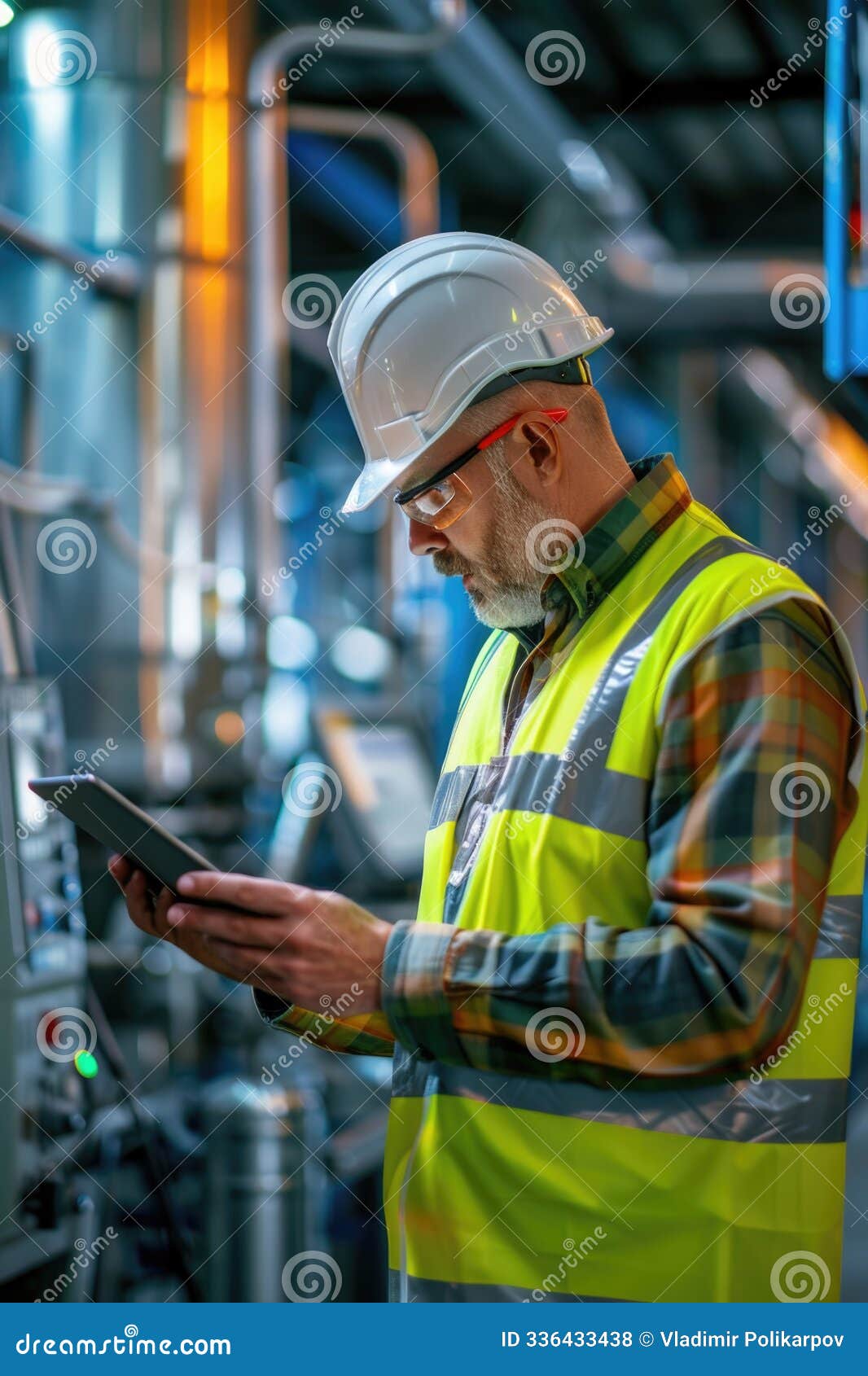 A Construction Worker Uses a Tablet while Wearing a Safety Vest on a ...