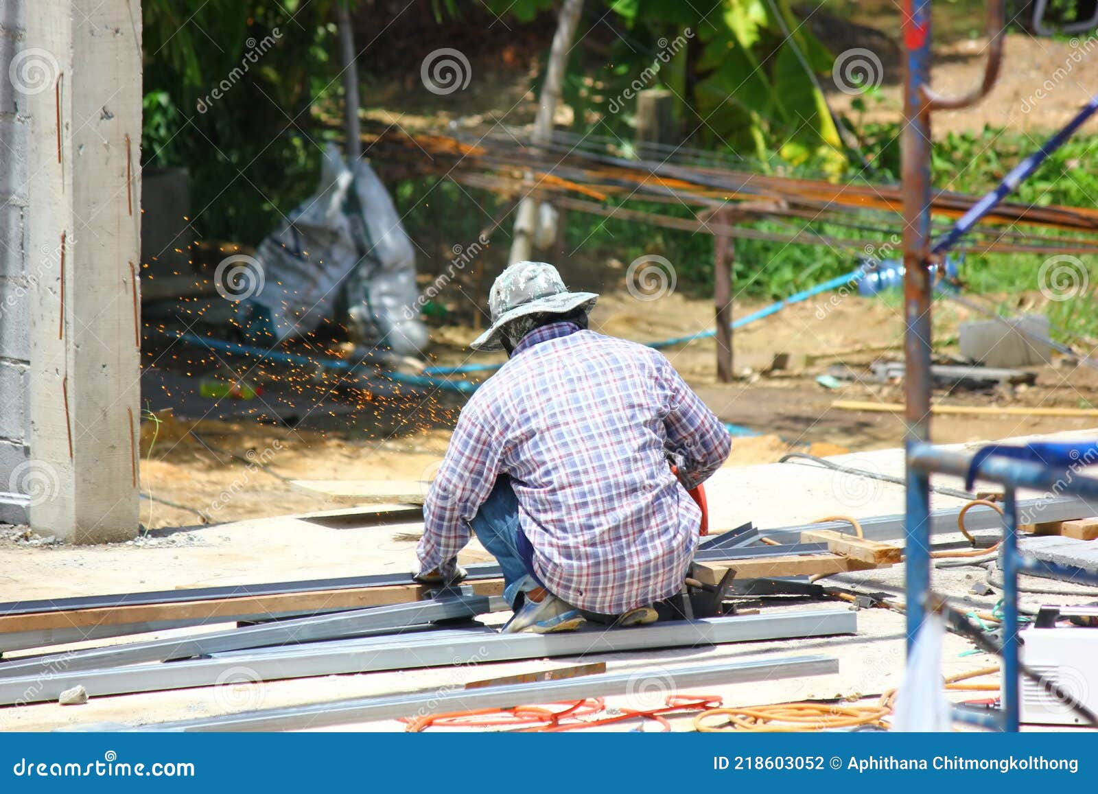 Construction Worker Using Cutting Machine Prepare Steel Stucture in ...