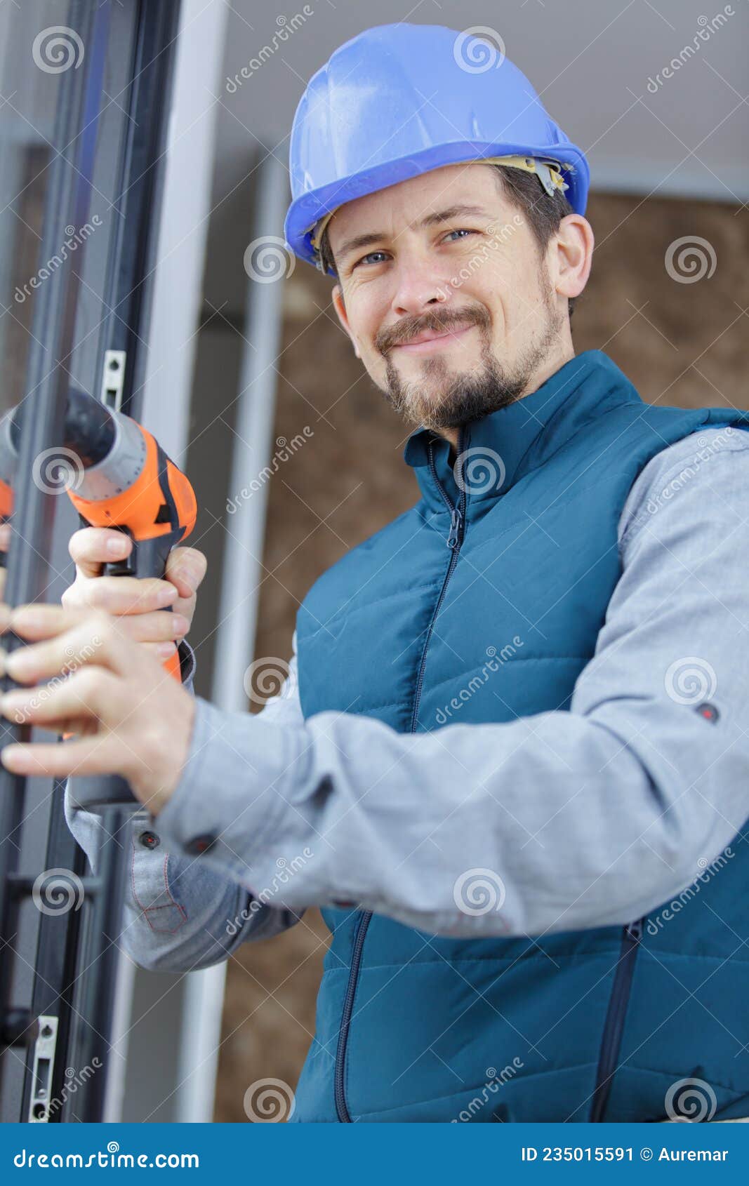 Construction Worker Using Drill To Install Window Stock Image - Image ...