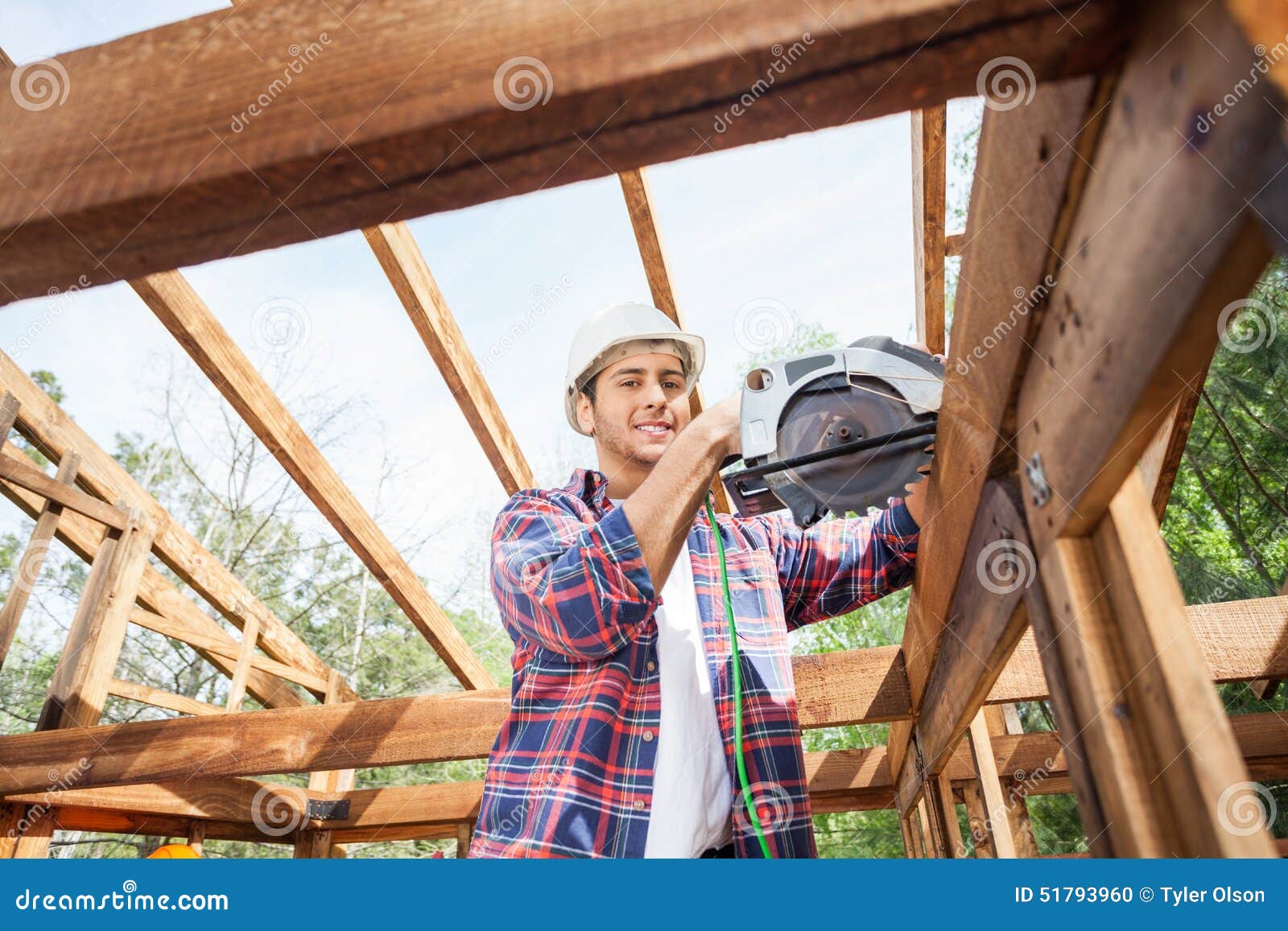 Construction Worker Using Electric Saw on Wooden Stock Photo - Image of ...