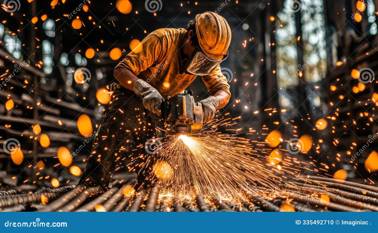 Construction Worker Using a Grinder on Rebar with Sparks Flying Stock ...