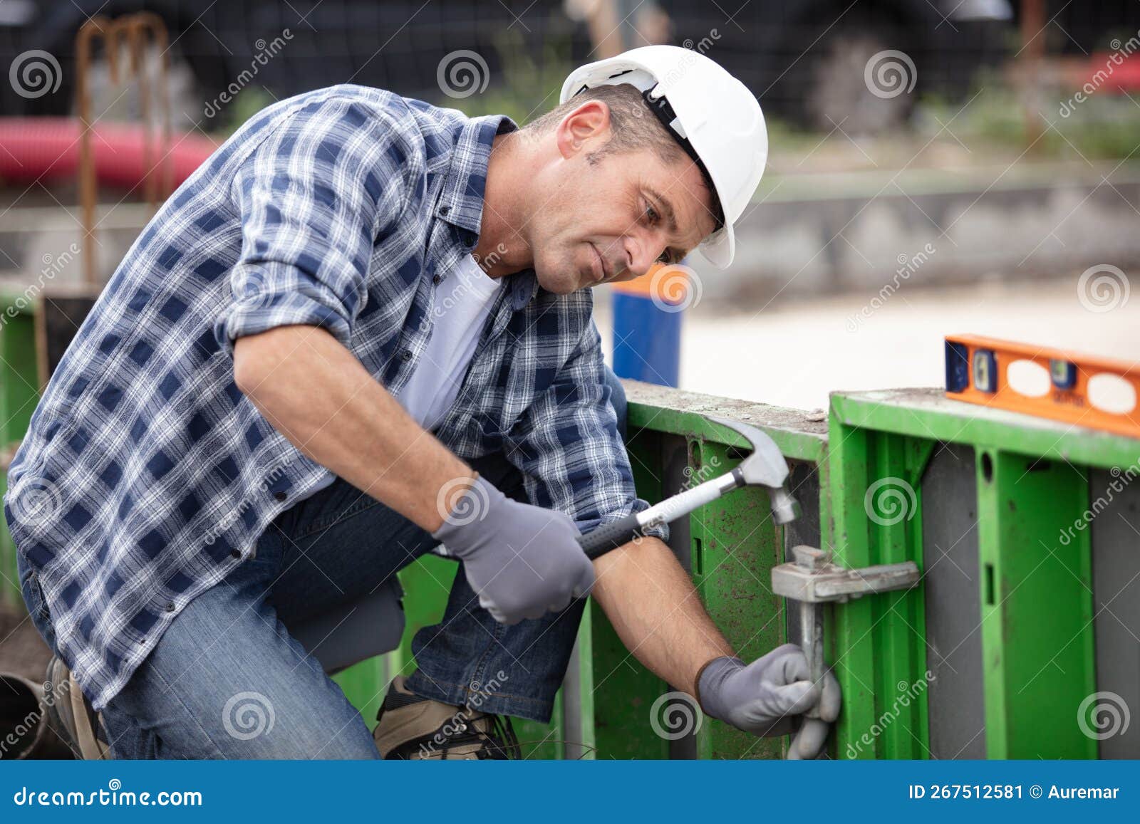 Construction Worker Using Hammer on Metal Bolt Stock Image - Image of ...