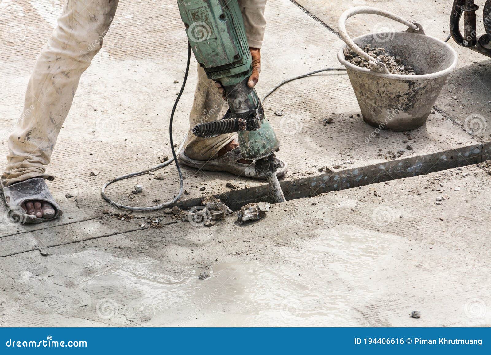 Worker Using Jackhammer Drilling Concrete Surface Stock Photo - Image ...