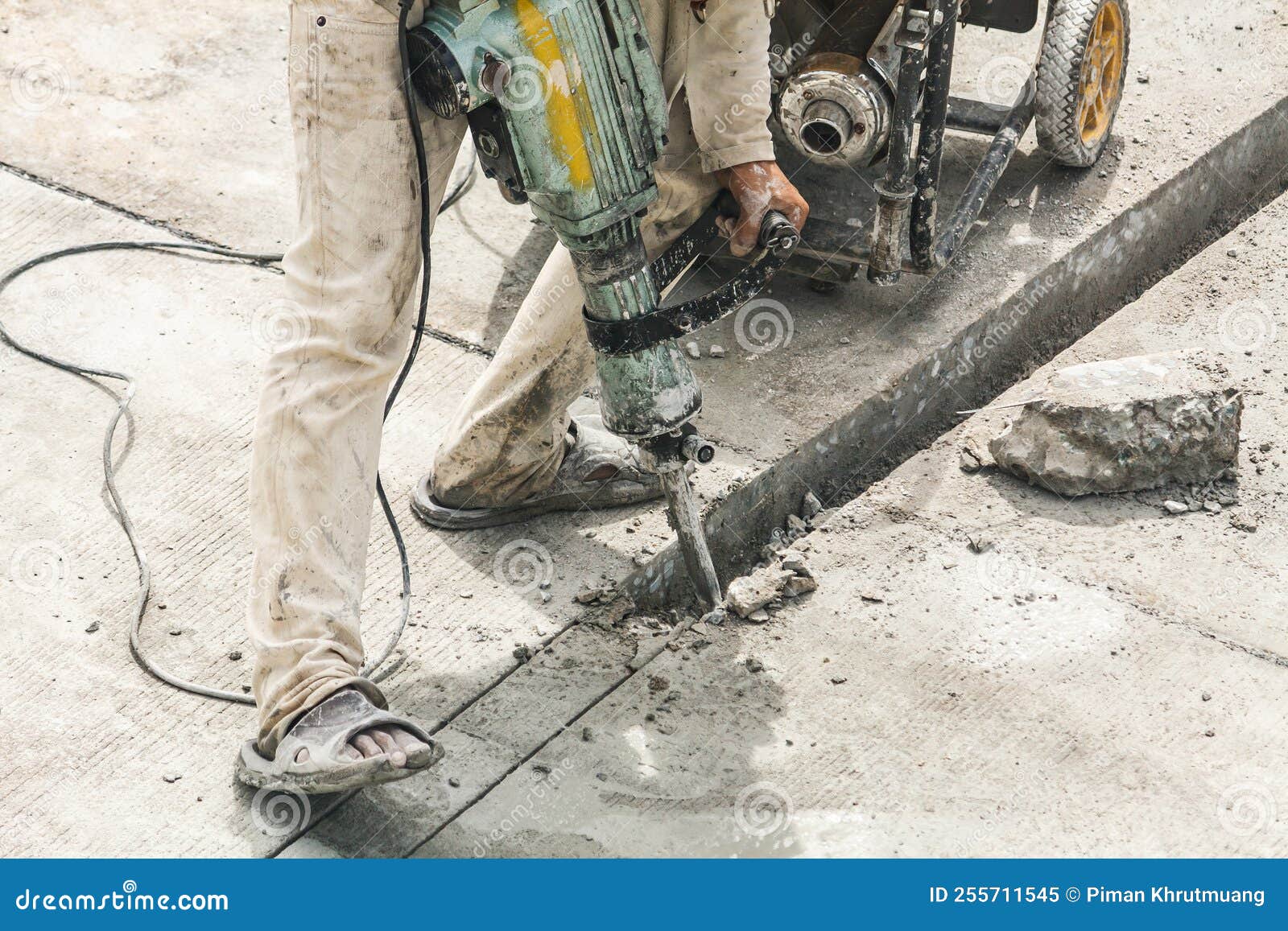Construction Worker Using Jackhammer Drilling Concrete Surface Stock ...