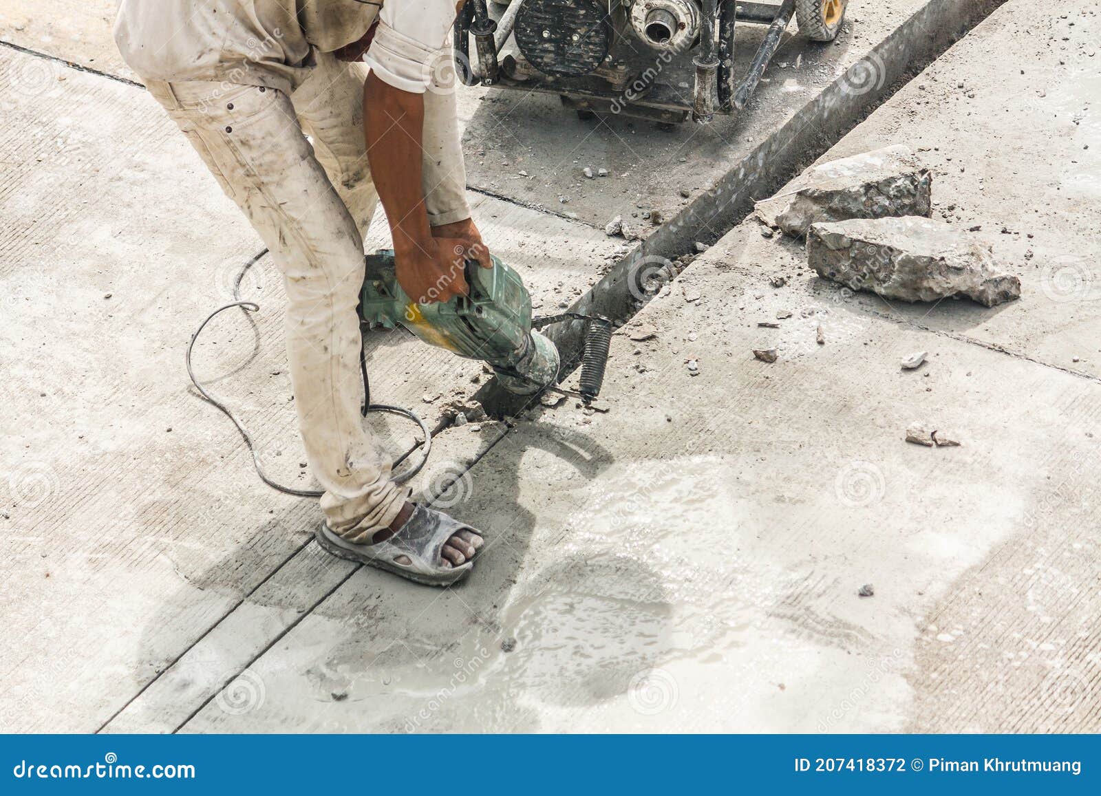 Construction Worker Using Jackhammer Drilling Concrete Surface Stock ...