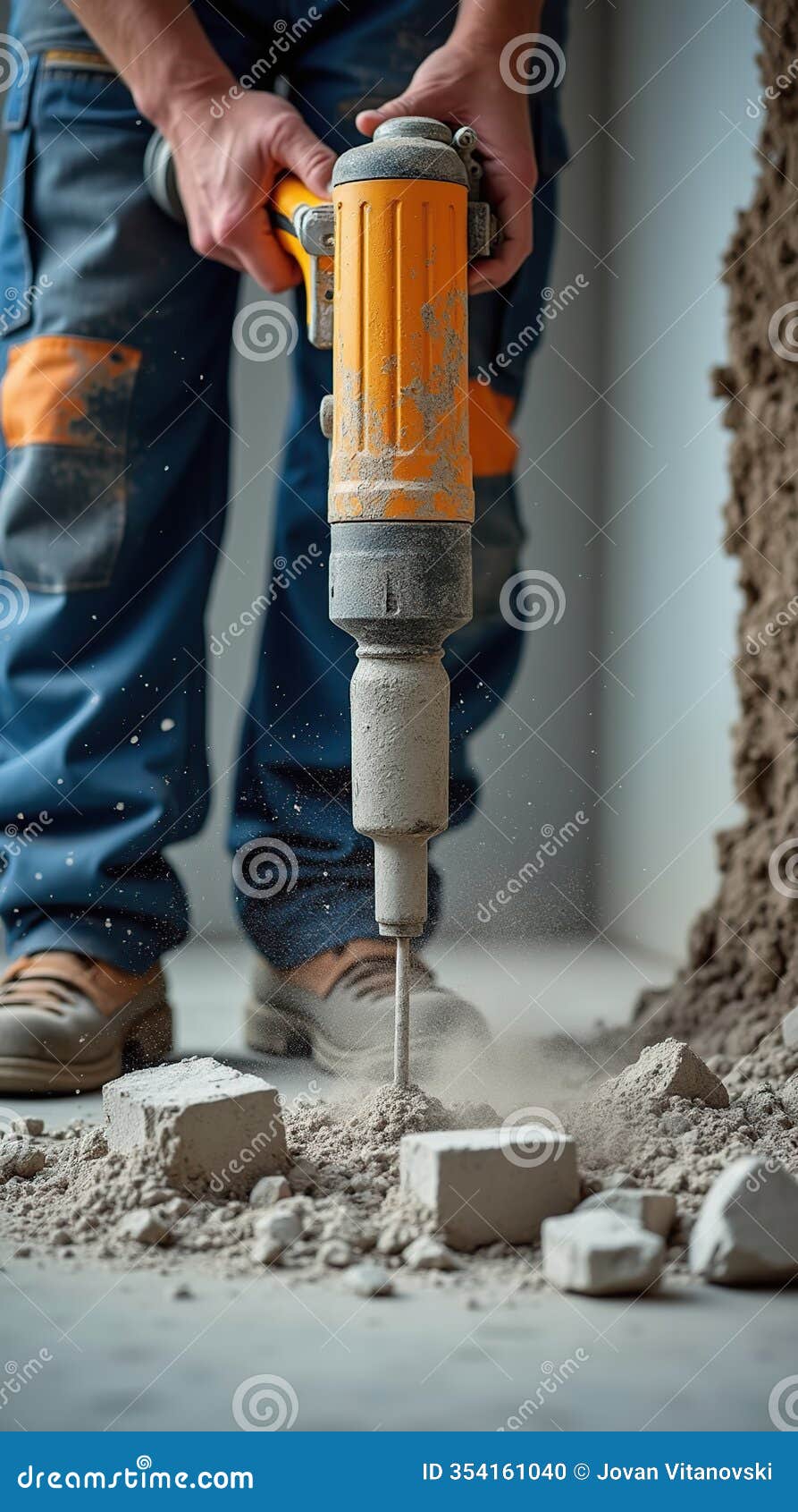 Construction Worker Using Jackhammer To Break Concrete Indoors Stock ...