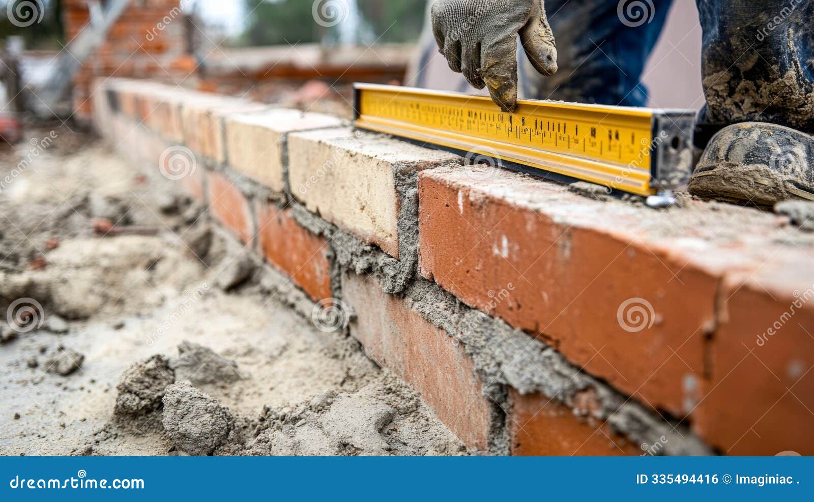 Construction Worker Using Level To Check Brick Wall Alignment Stock ...