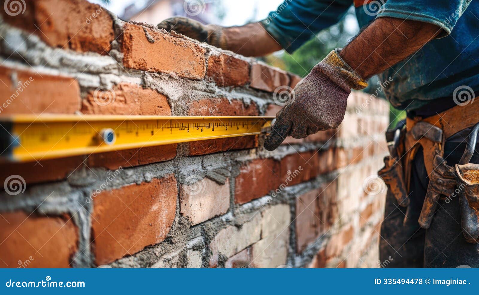 Construction Worker Using a Level To Ensure a Straight Brick Wall Stock ...