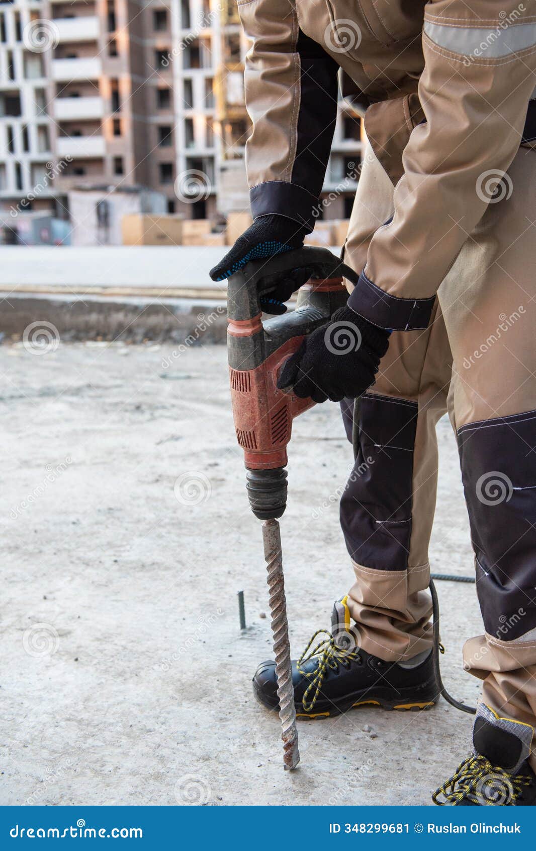 Construction Worker Using Power Drill on Site Stock Image - Image of ...