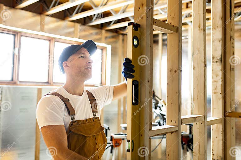 Construction Worker Using Power Tool in Unfinished Basement of New Home ...