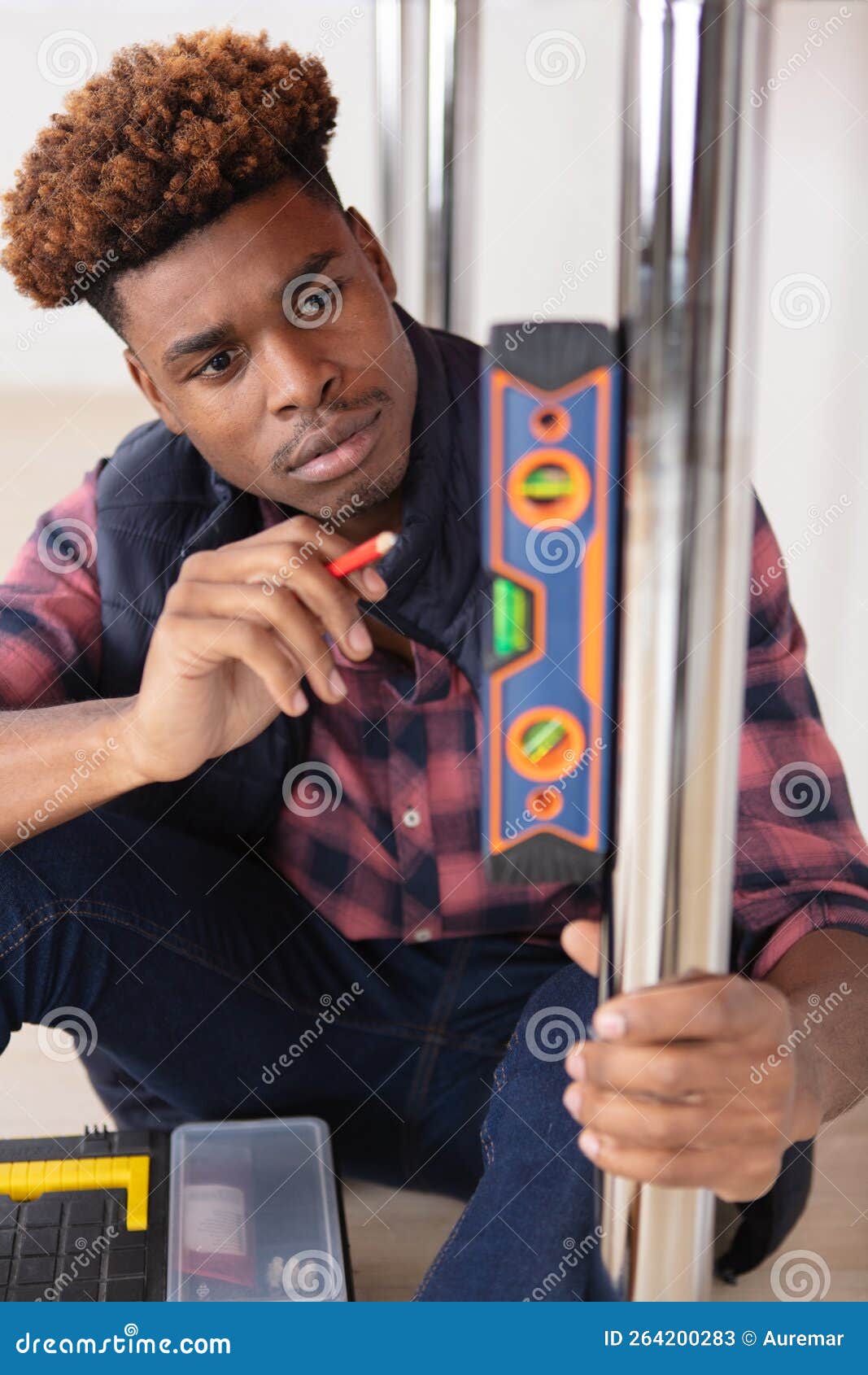 Construction Worker Using Spirit Level in New House Stock Image - Image ...
