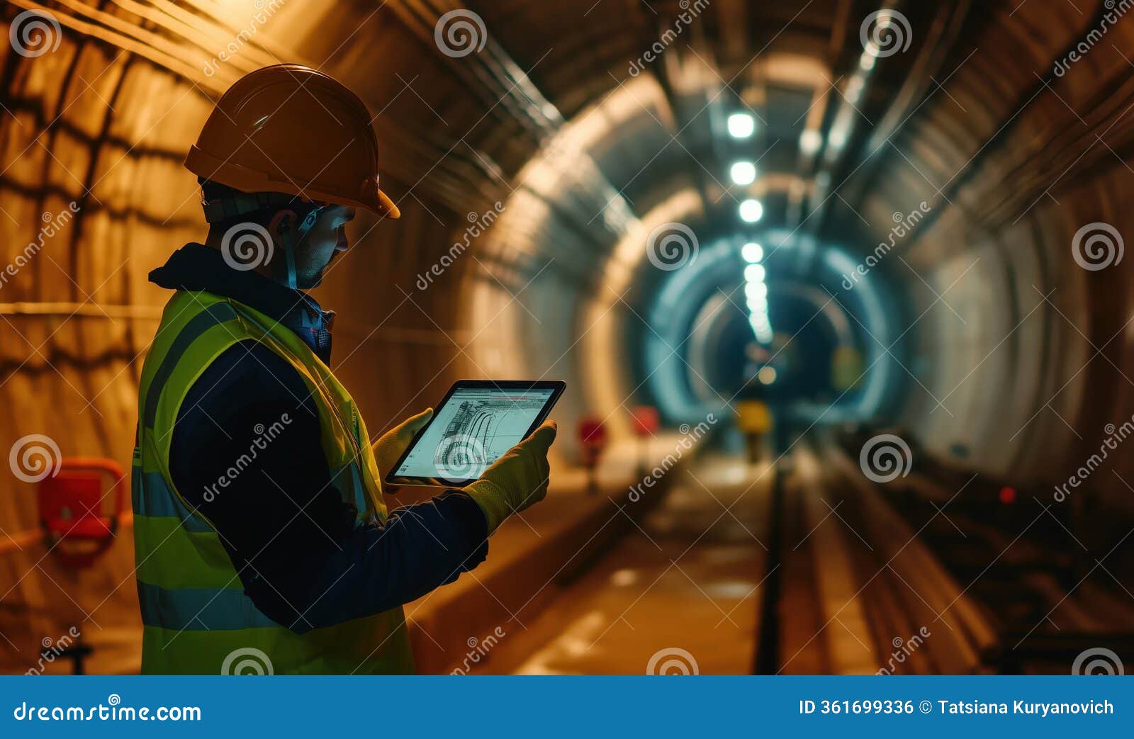 Construction Worker Using Tablet in Underground Tunnel for Project ...
