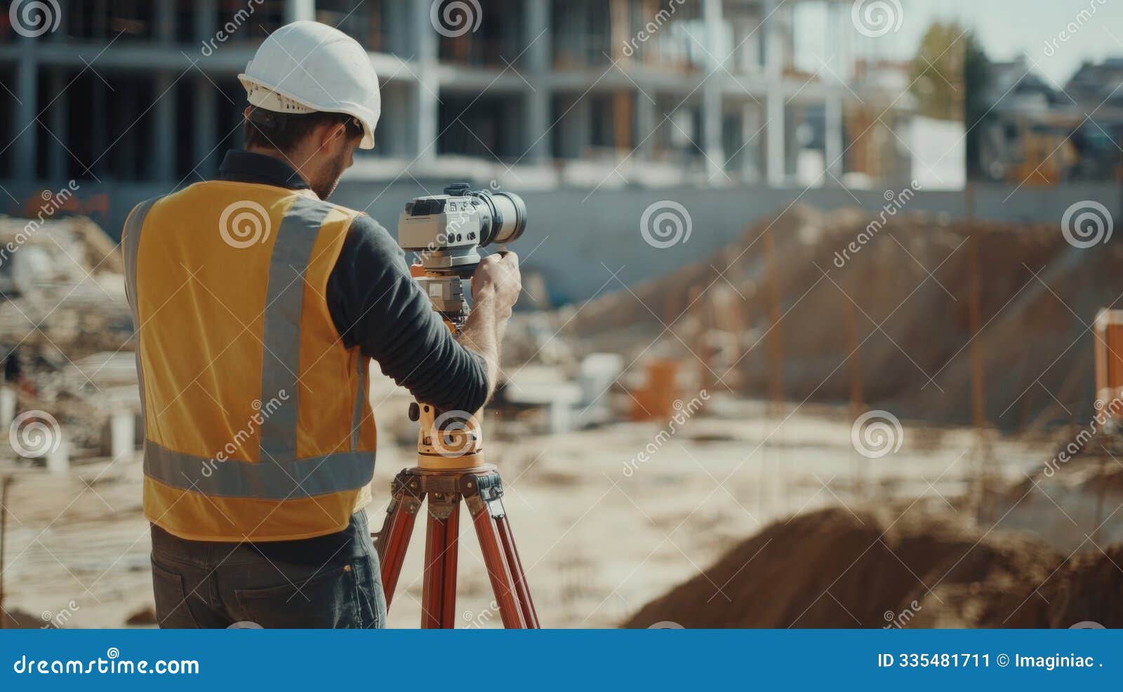 Construction Worker Using a Theodolite at a Building Site Stock ...
