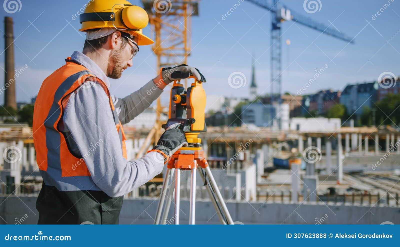 Construction Worker Using Theodolite Surveying Optical Instrument for ...