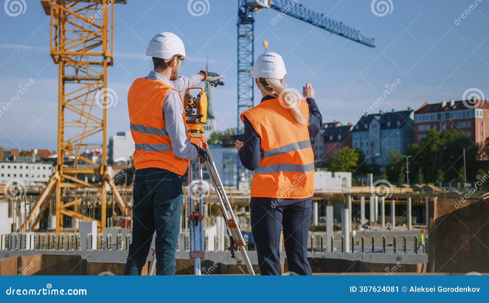 Construction Worker Using Theodolite Surveying Optical Instrument for ...