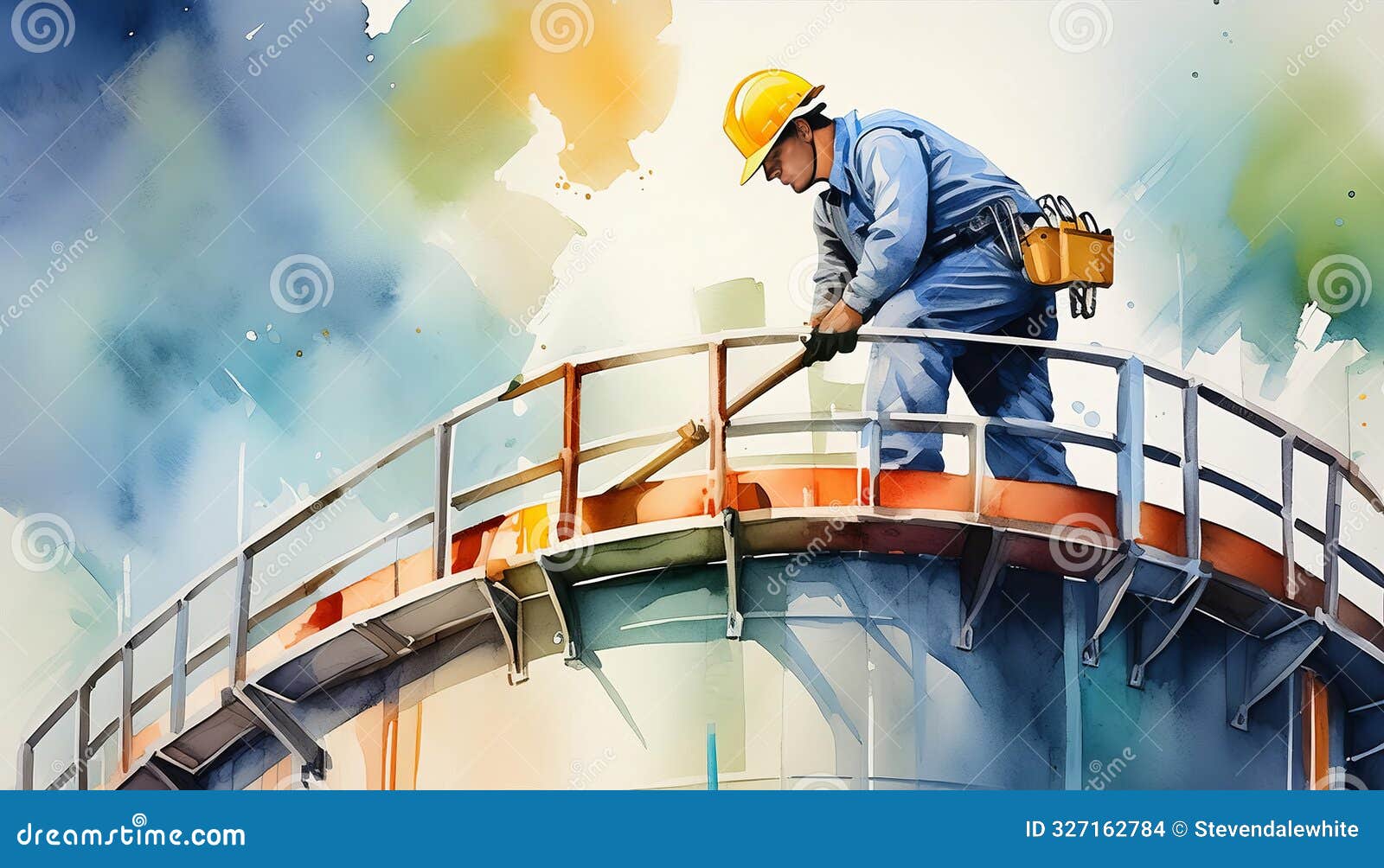 A Construction Worker Using a Tool on a Scaffolding Platform ...