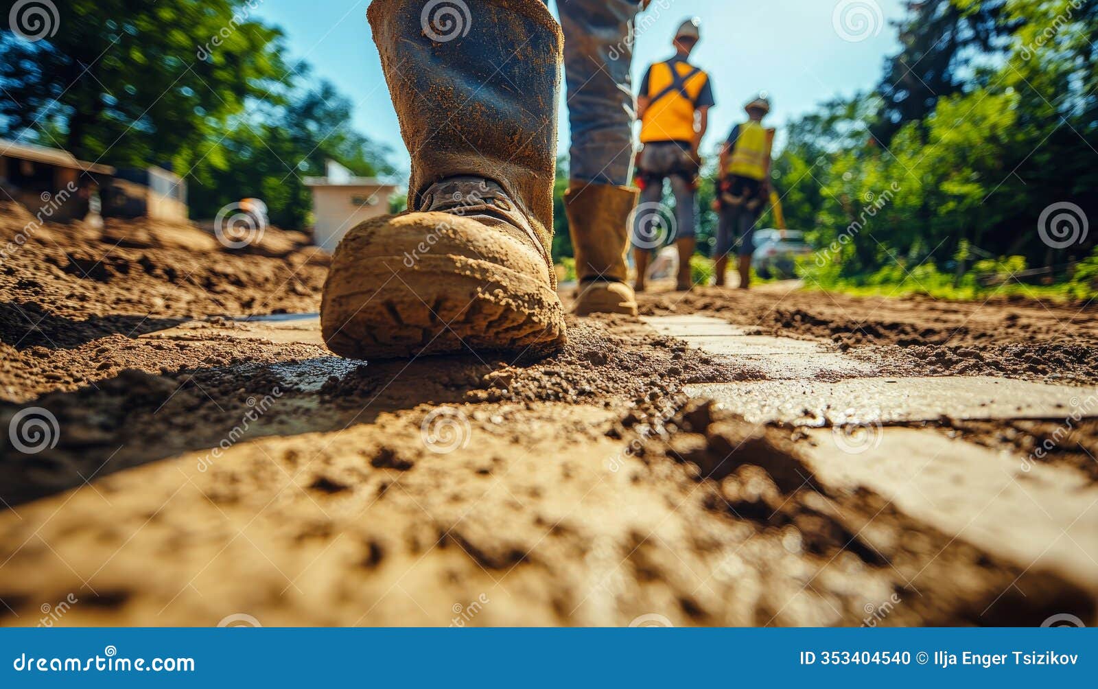 Construction Worker Walking on Muddy Ground, Teamwork in the Building ...