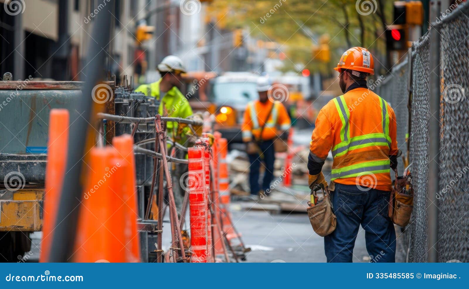 Construction Worker Walking Past Safety Cones and a Chain-Link Fence ...