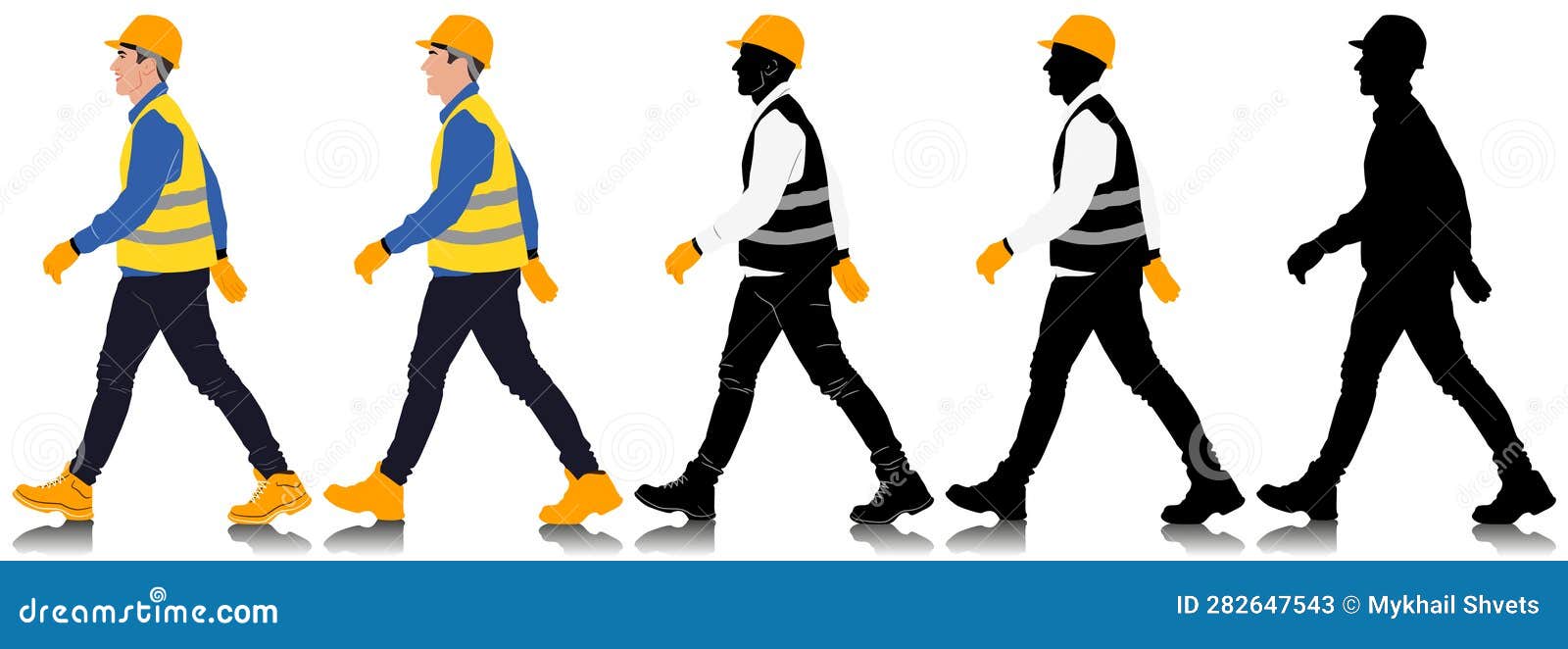 Construction Worker Walking Wearing Helmet and Vest. Different Color ...
