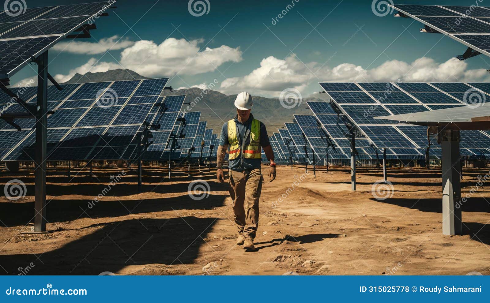 A Construction Worker Walks Through A Solar Field With Solar Panels ...