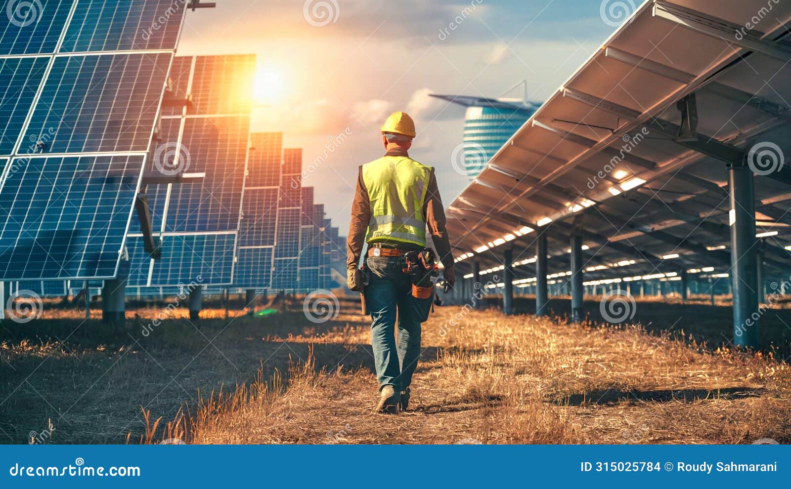 A Construction Worker Walks through a Solar Field with Solar Panels ...