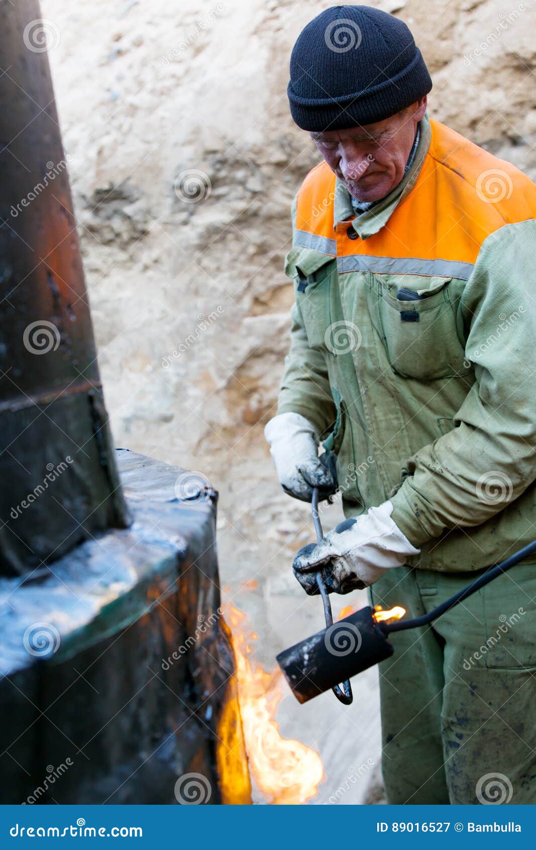 Construction Worker during Waterproofing Works Stock Image - Image of ...
