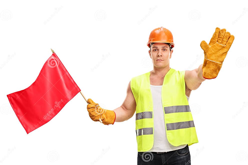 Construction Worker Waving a Red Flag Stock Photo - Image of single ...
