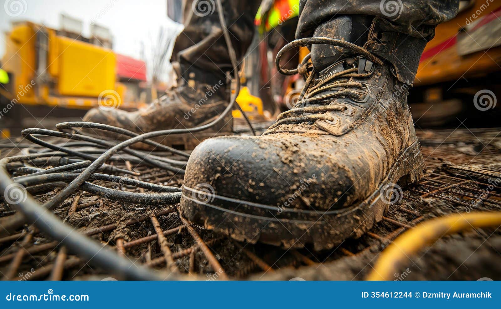 A Construction Worker Wearing Boots and Gloves Manages Cables at an ...