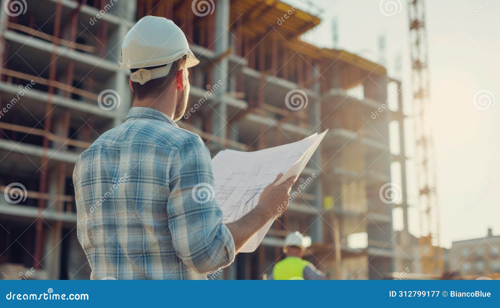Construction Worker Wearing a Hard Hat at a Building Site. AIG41 Stock ...