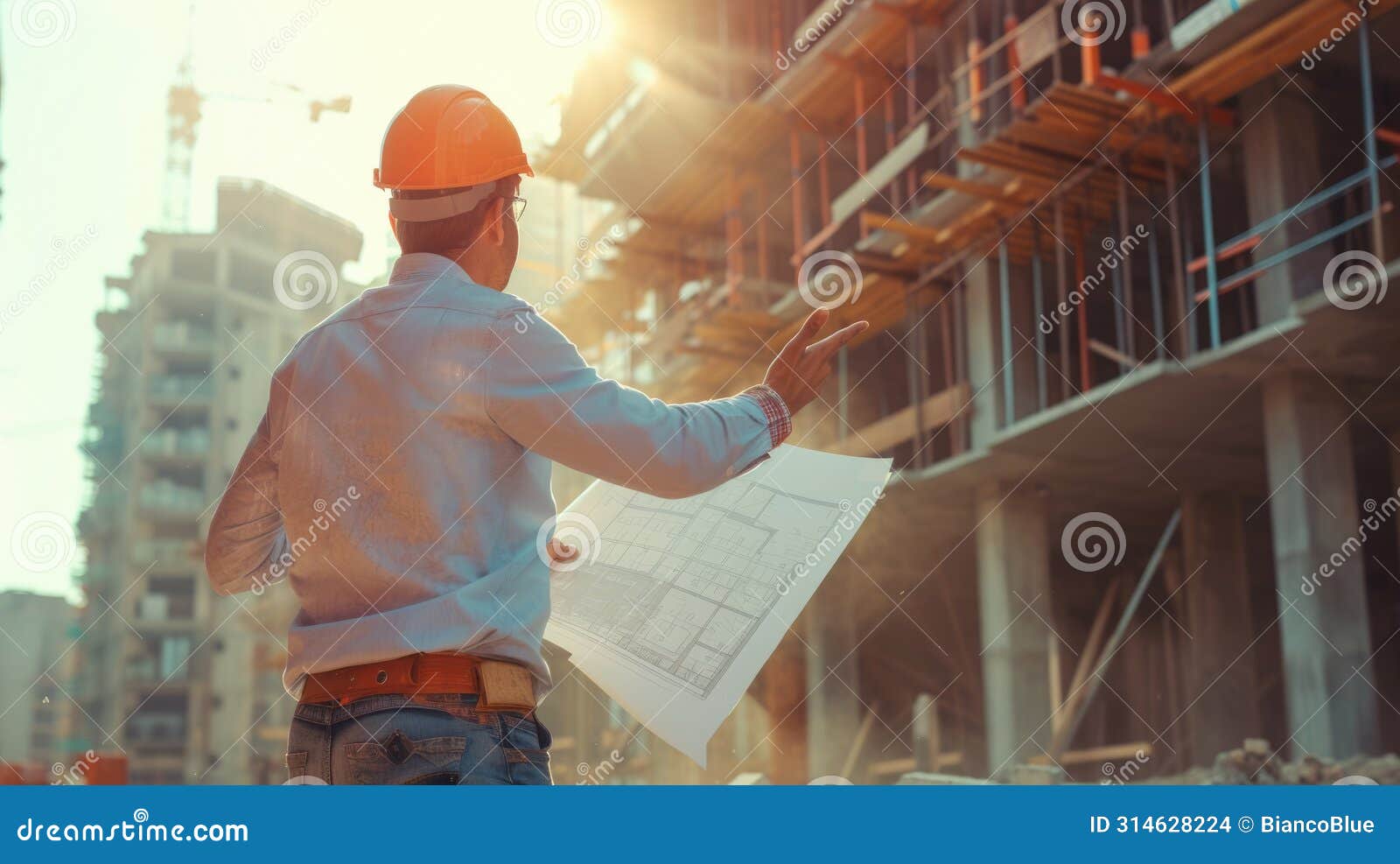 Construction Worker Wearing a Hard Hat at a Building Site. AIG41 Stock ...