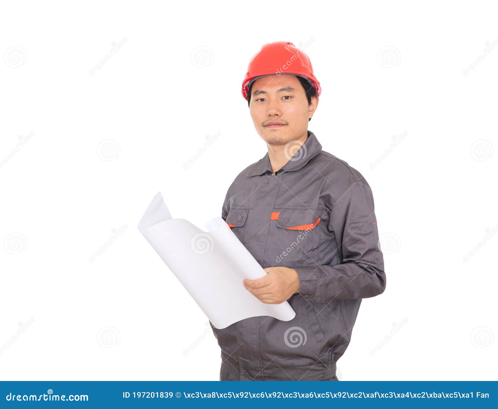 A Construction Worker Wearing a Red Hard Hat is Holding Drawing in ...