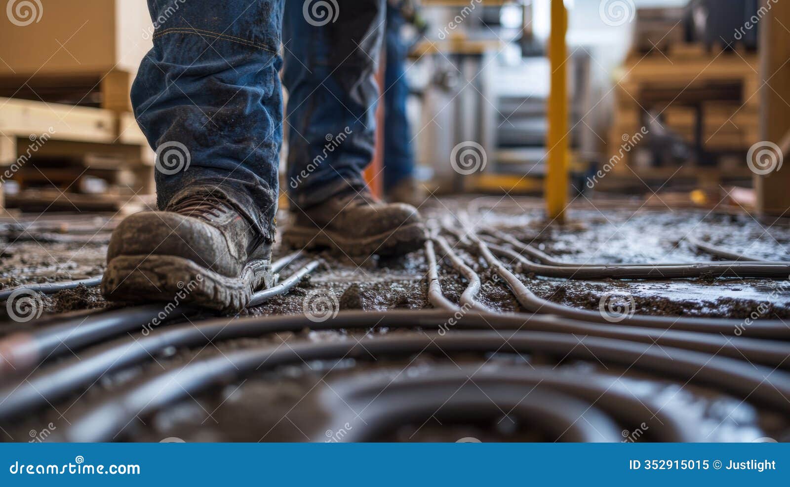 Construction Worker Walking on Pipes for Radiant Floor Heating System ...