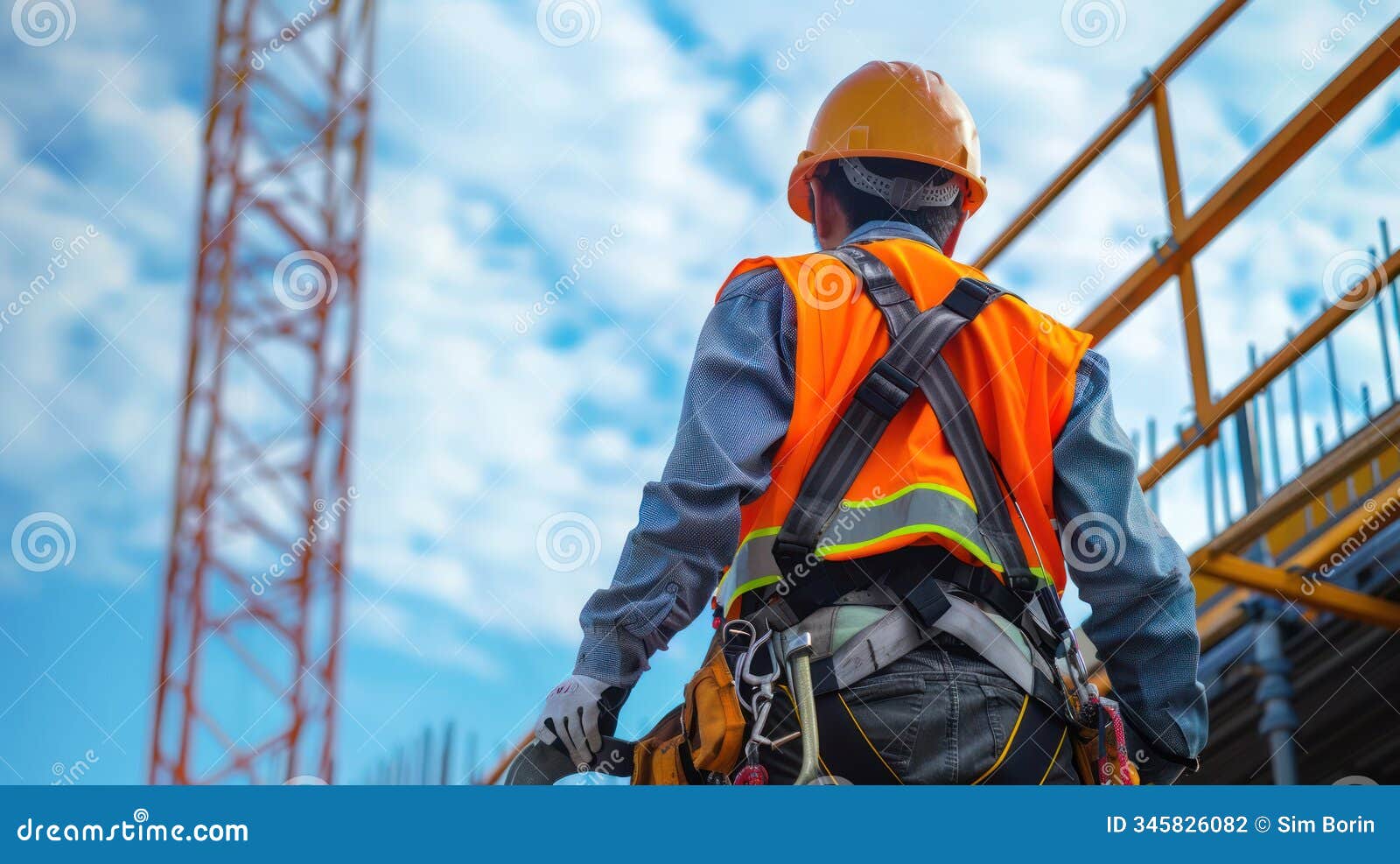 Construction Worker Wearing Safety Gear and Harness while Working Stock ...