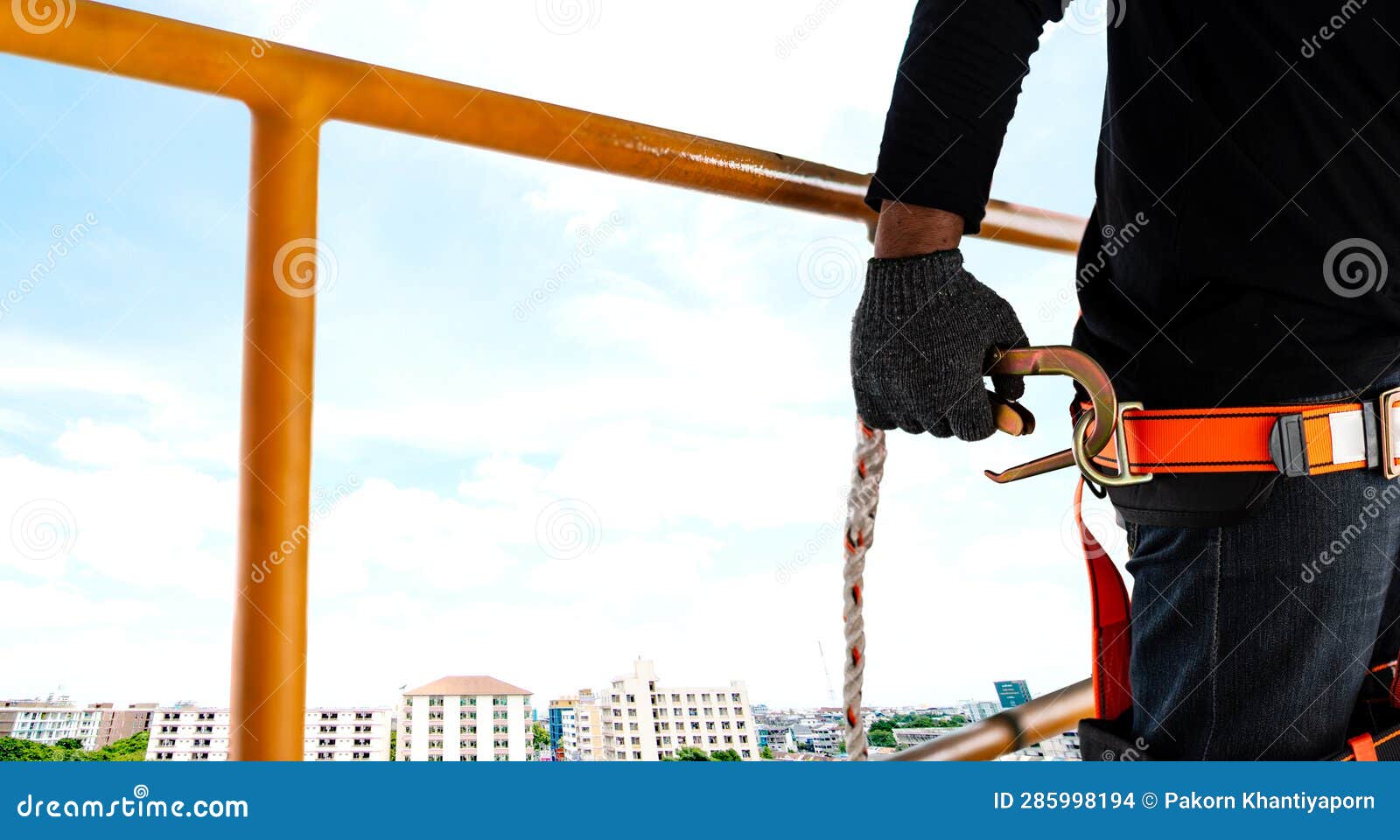 Construction Worker Wearing Safety Harness Working at High Place Stock ...