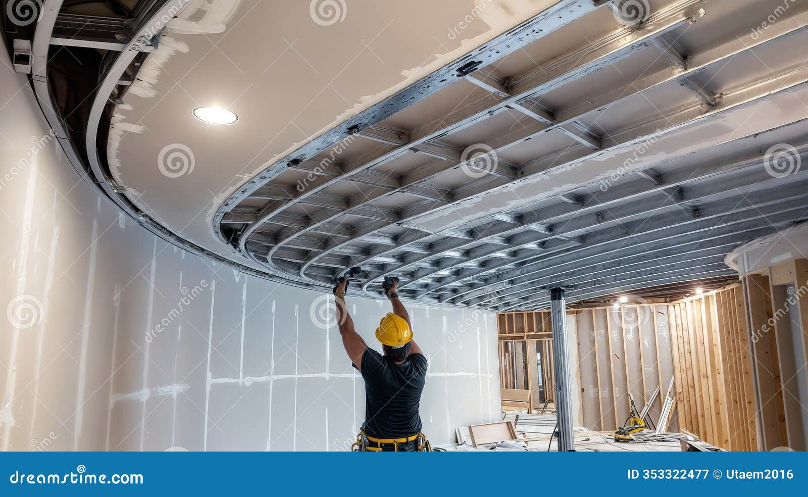 Construction Worker Installing Curved Drywall Ceiling in Building ...