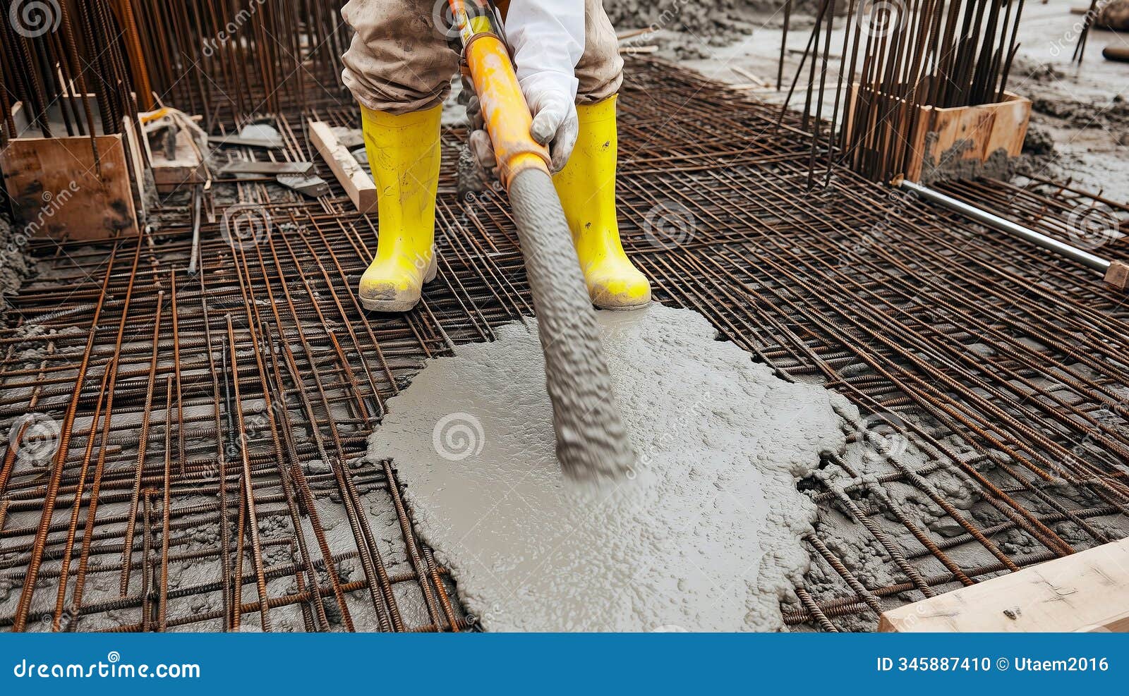 Construction Worker Pouring Concrete on Reinforcing Steel Bars Stock ...