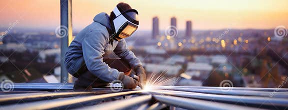 Construction Worker Welding on a High-Rise Building at Dusk. a Skilled ...
