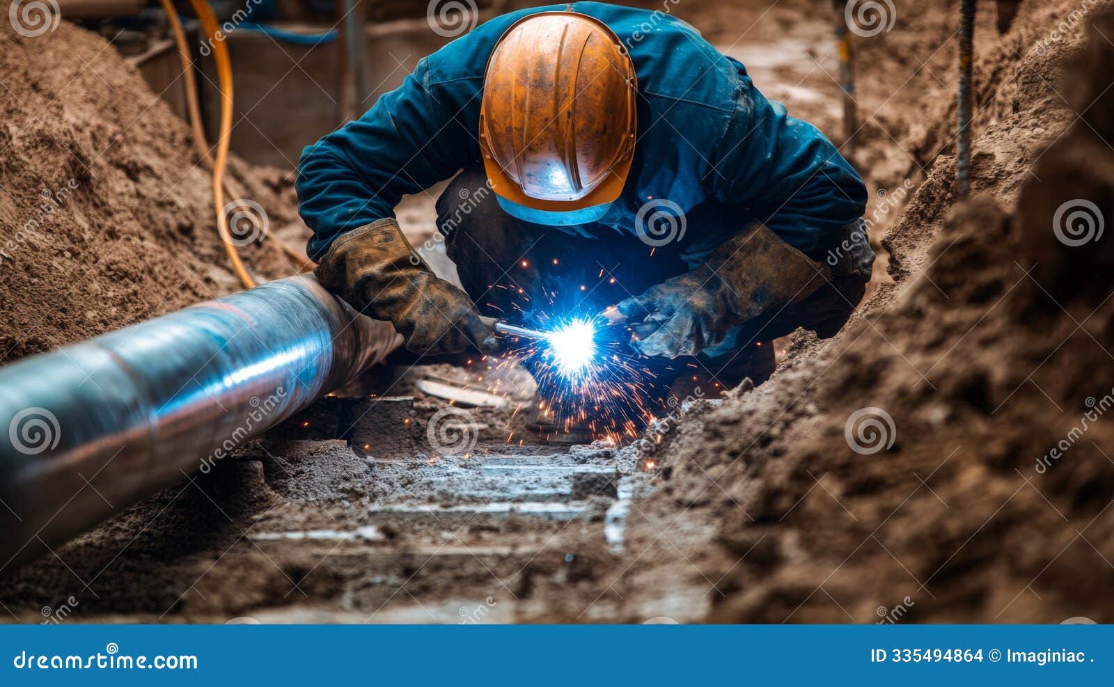 Construction Worker Welding a Large Pipe in a Trench Stock Illustration ...