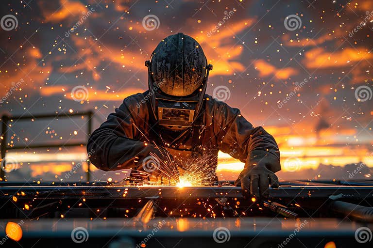 Construction Worker Welding Metal Beams at Sunset Stock Illustration ...