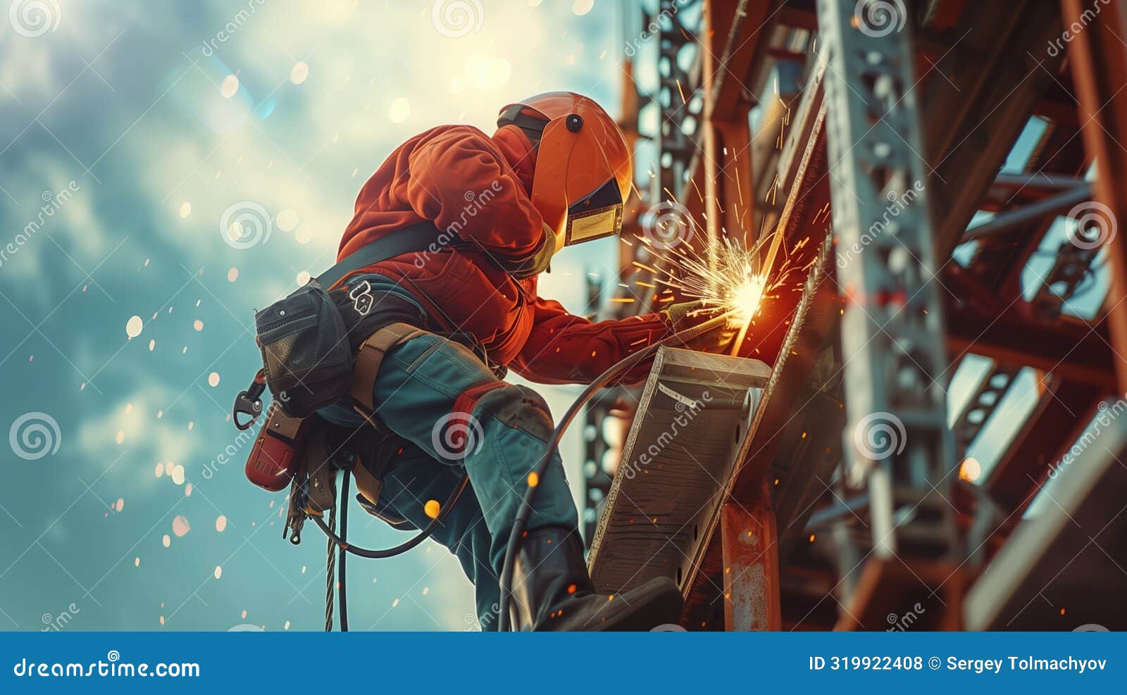 Construction Worker Welding Steel Beam on Skyscraper High Above ...