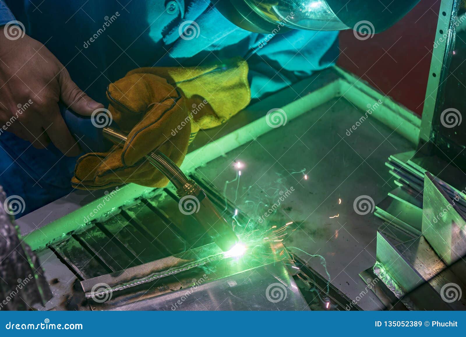 The Construction Worker Welding the Steel Plate . Stock Image - Image ...