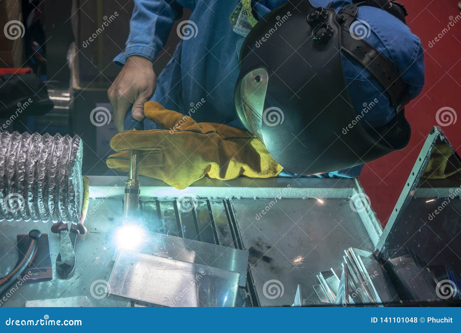 The Construction Worker Welding the Steel Plate. Stock Photo - Image of ...